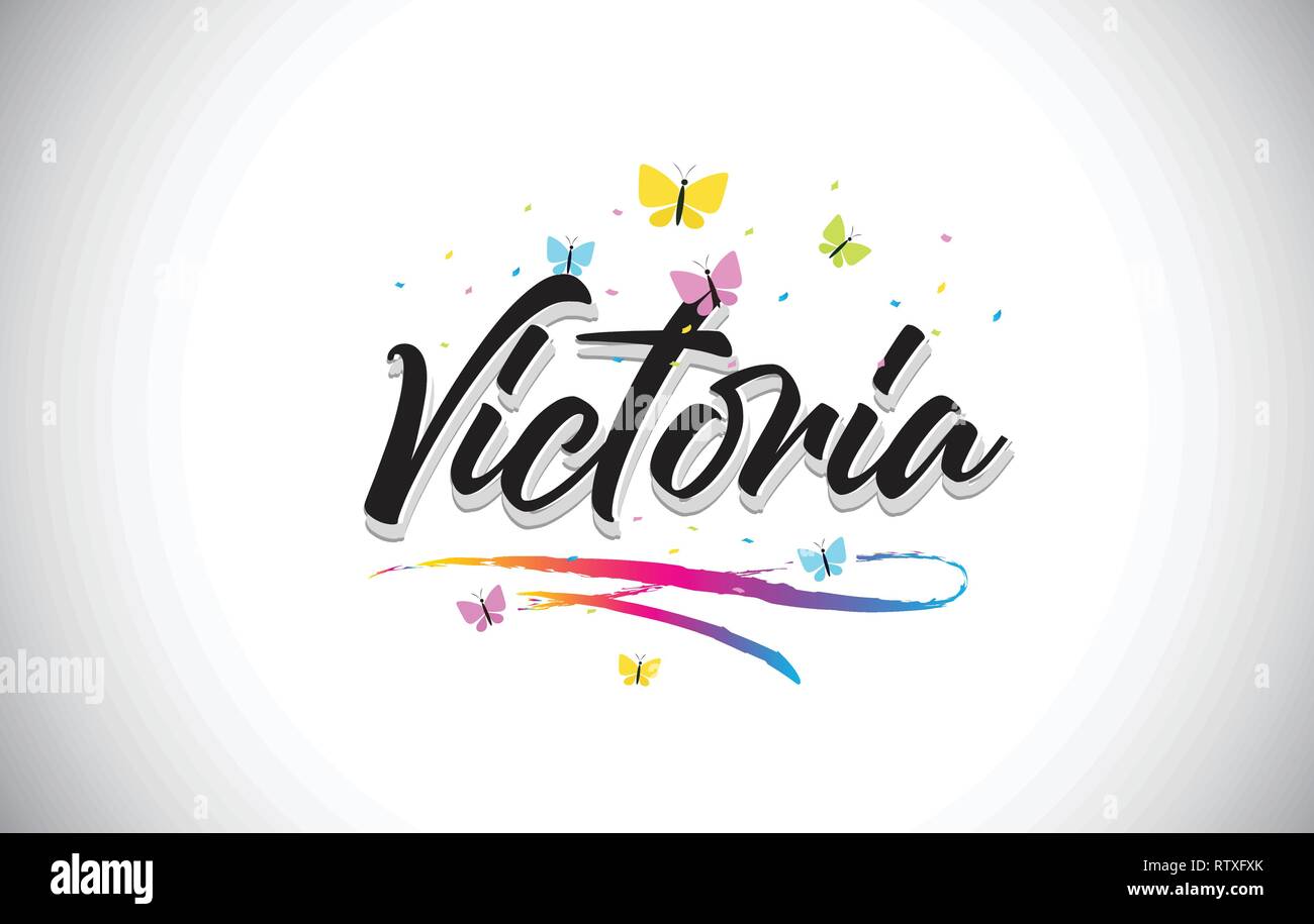 Victoria Handwritten Word Text with Butterflies and Colorful Swoosh ...