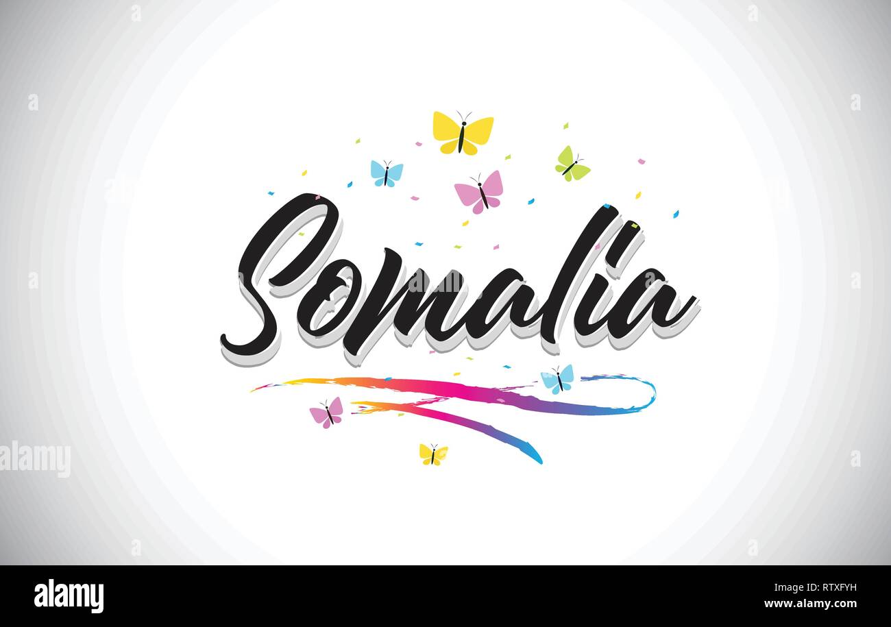 Somalia Handwritten Word Text with Butterflies and Colorful Swoosh ...