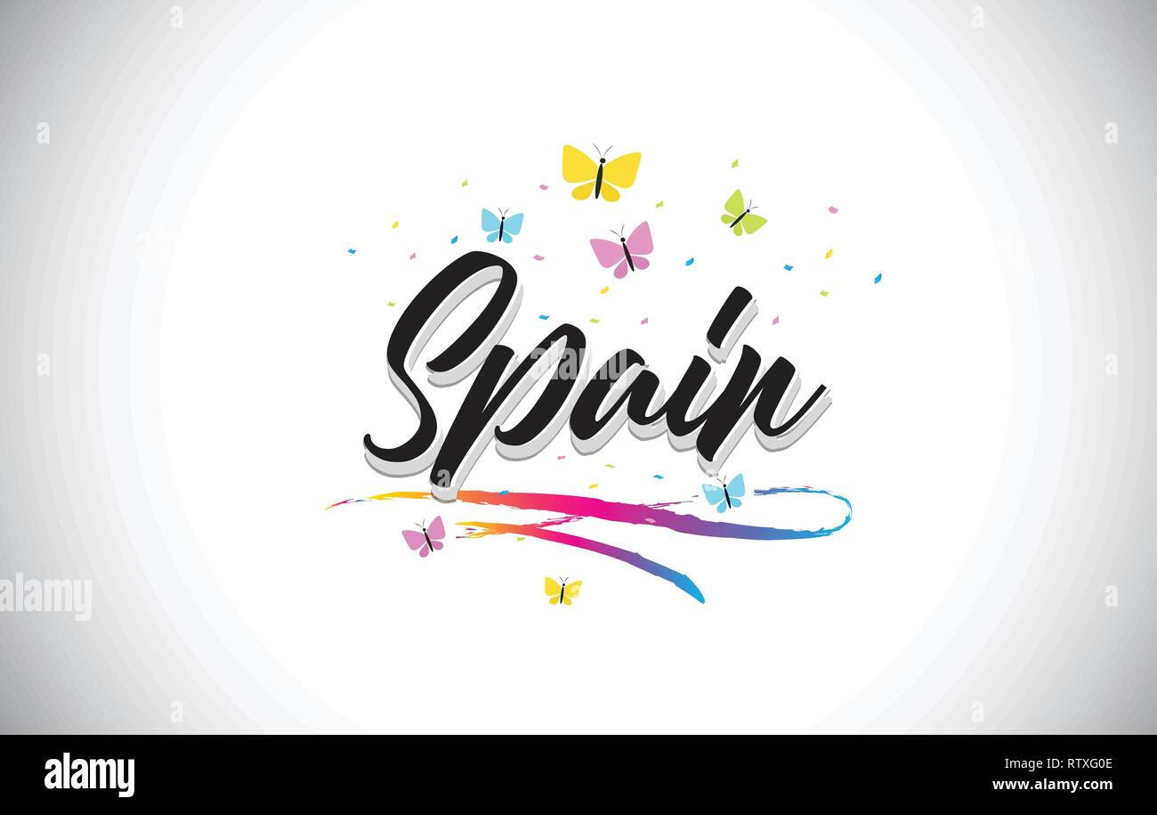 Spain Handwritten Word Text with Butterflies and Colorful Swoosh Vector ...