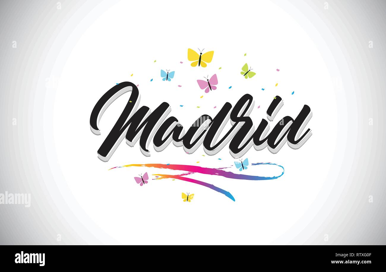 Madrid Handwritten Word Text with Butterflies and Colorful Swoosh ...