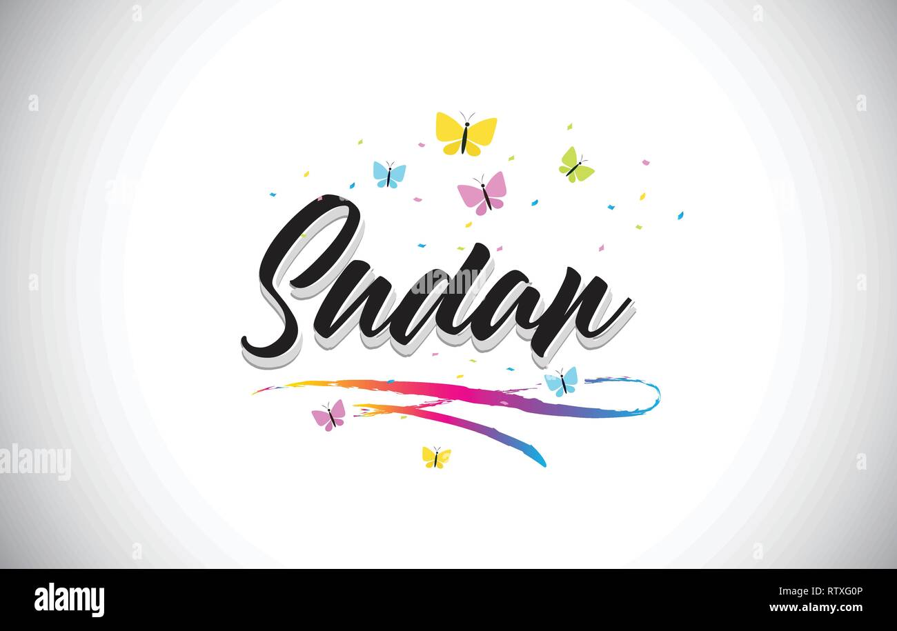 Sudan Handwritten Word Text with Butterflies and Colorful Swoosh Vector ...