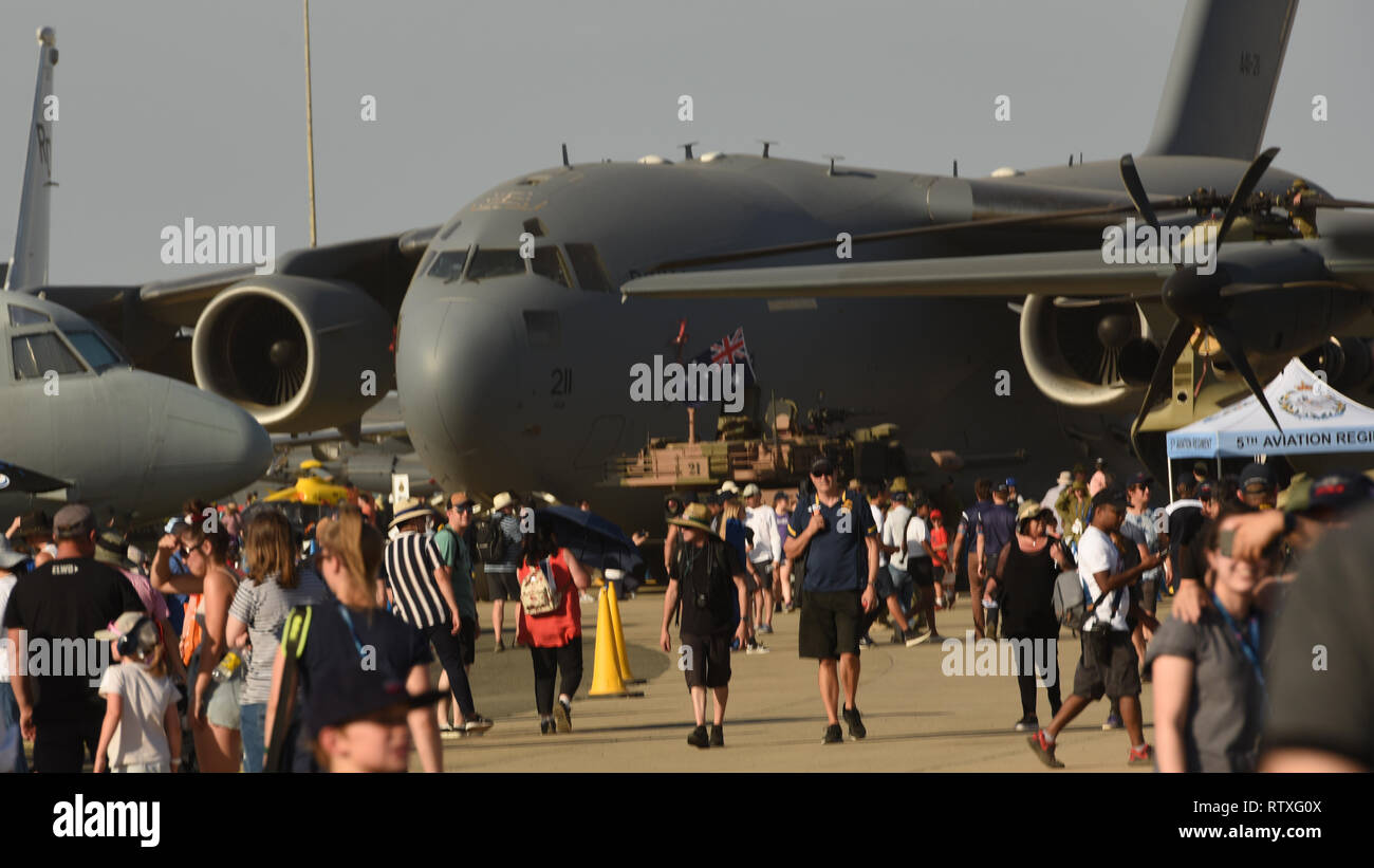 Visitors walk to different aircraft displays at the 2019 Australian ...