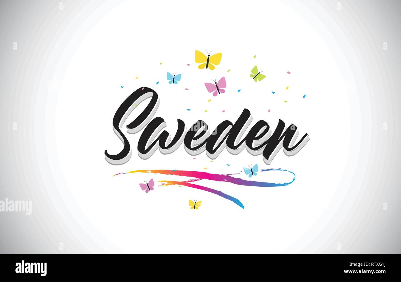 Sweden Handwritten Word Text with Butterflies and Colorful Swoosh ...