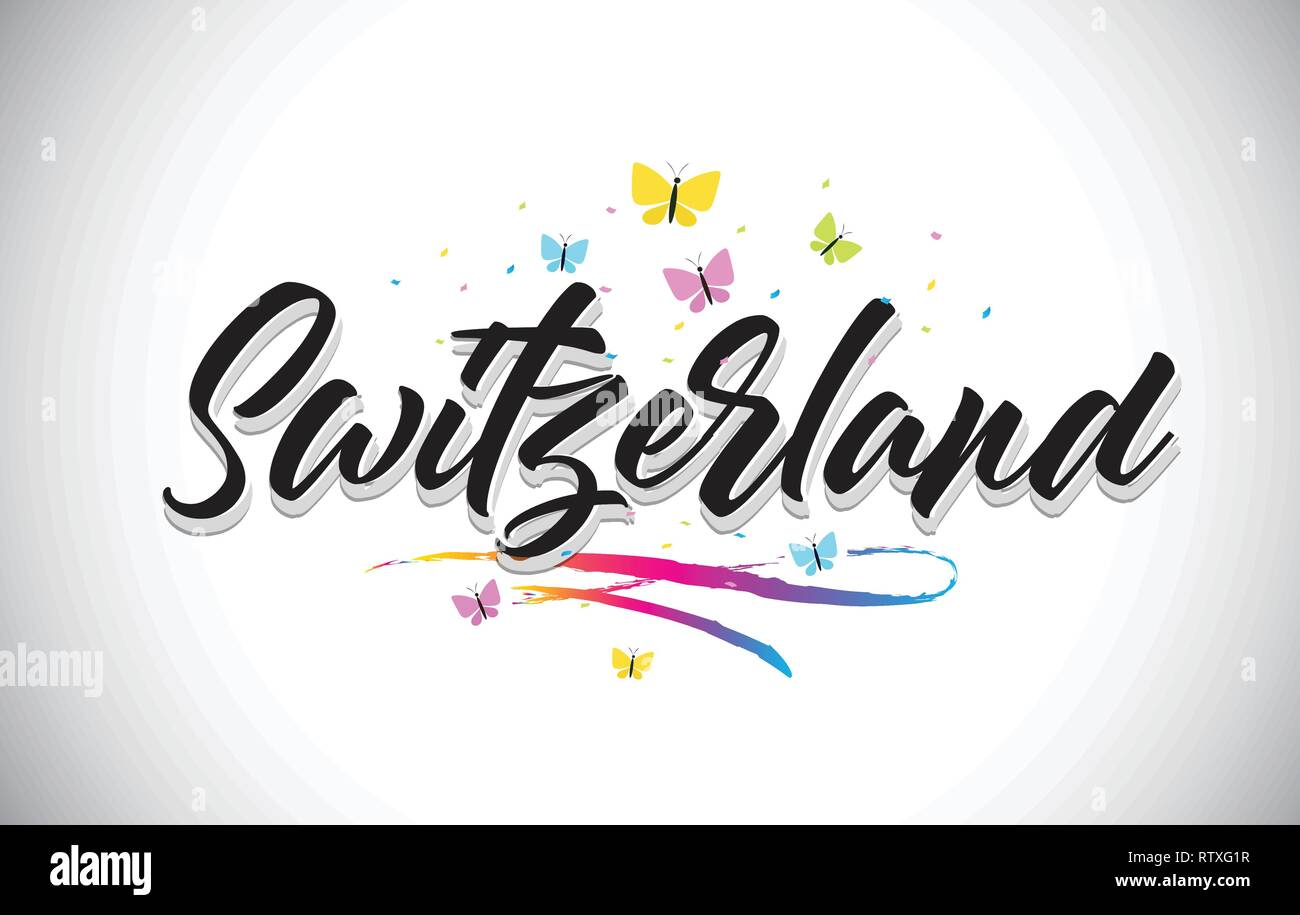 Switzerland Handwritten Word Text with Butterflies and Colorful Swoosh ...