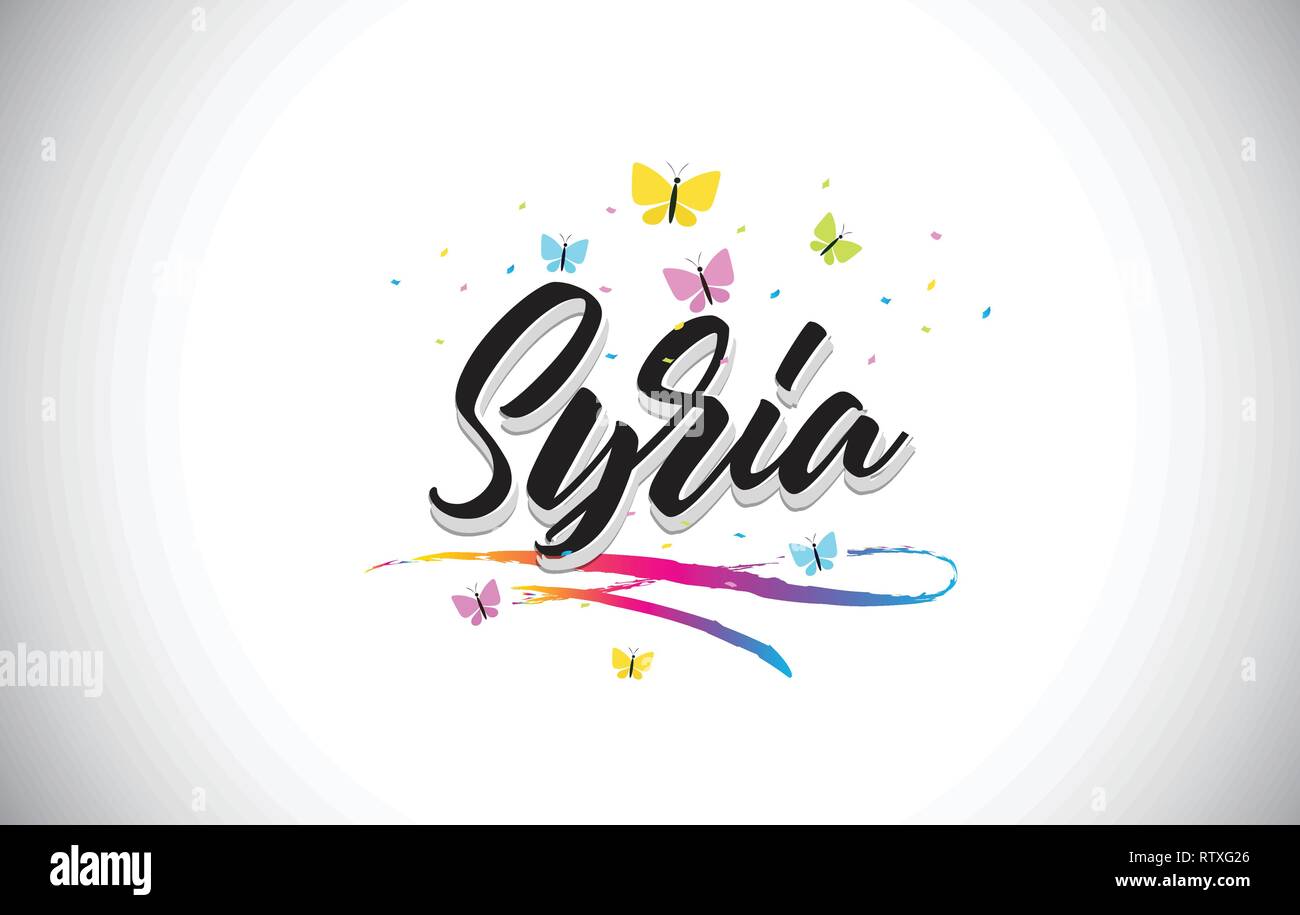 Syria Handwritten Word Text with Butterflies and Colorful Swoosh Vector ...