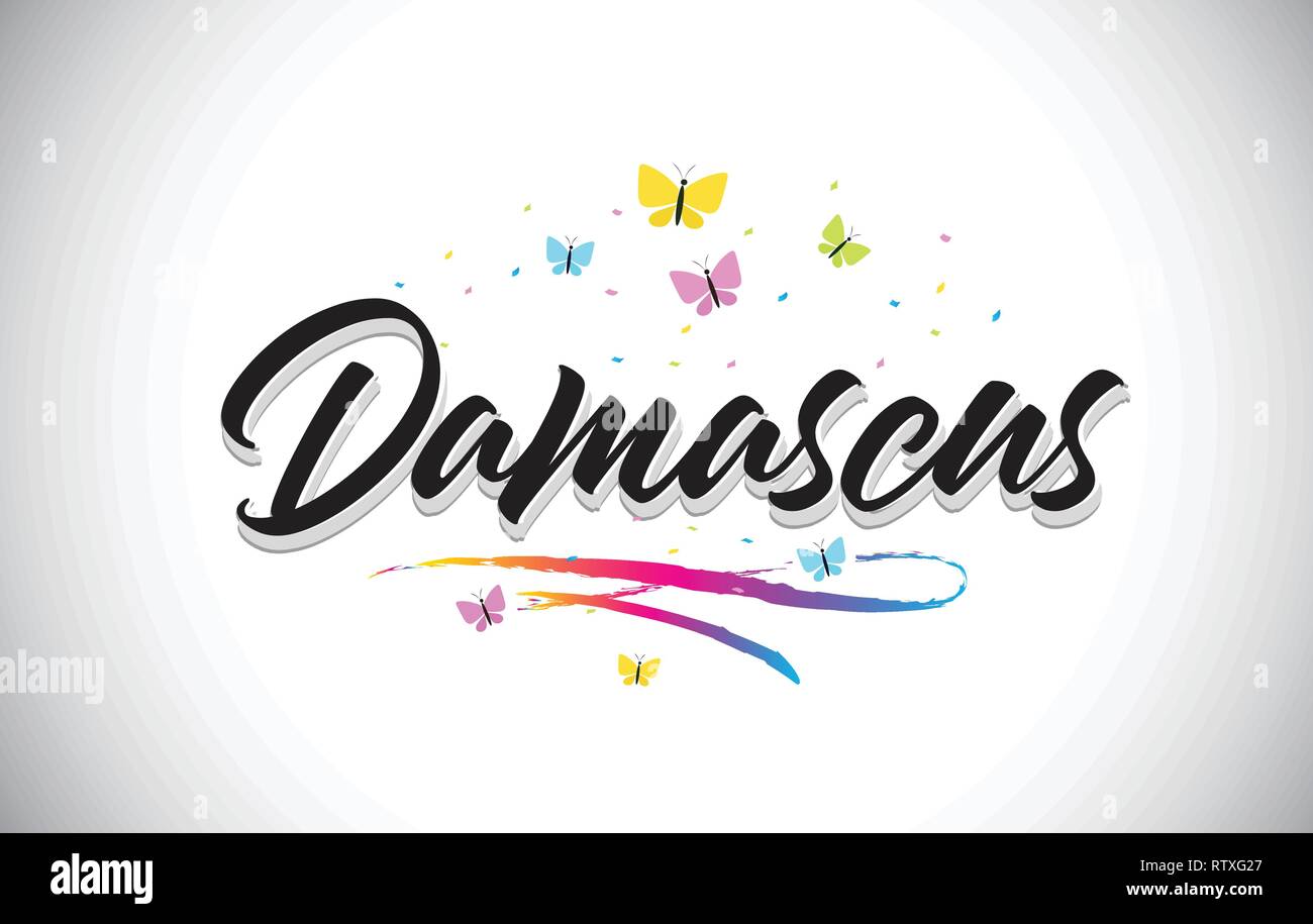 Damascus Handwritten Word Text with Butterflies and Colorful Swoosh ...