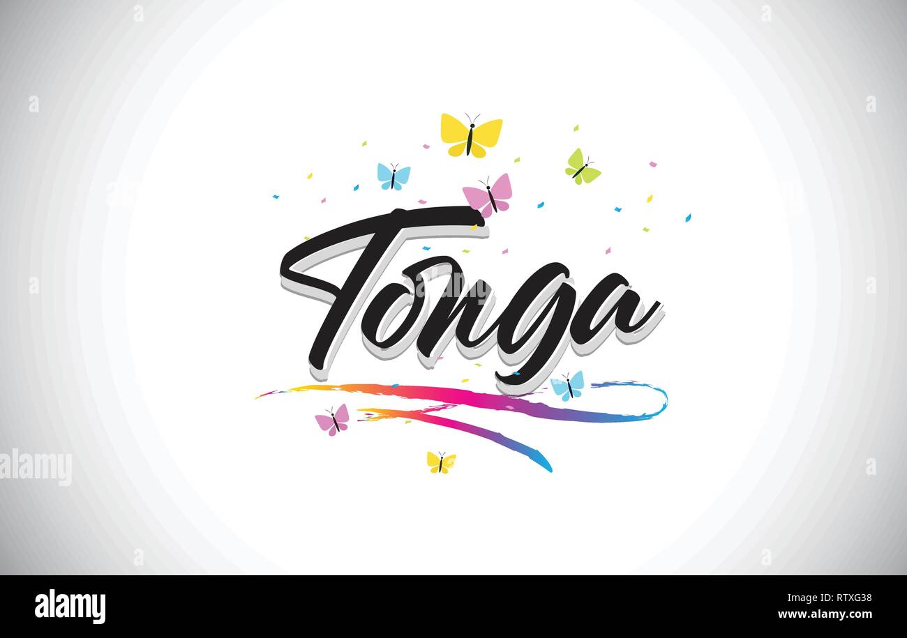 Tonga Handwritten Word Text with Butterflies and Colorful Swoosh Vector ...