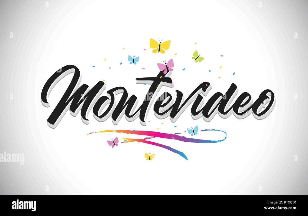 Montevideo Handwritten Word Text with Butterflies and Colorful Swoosh ...