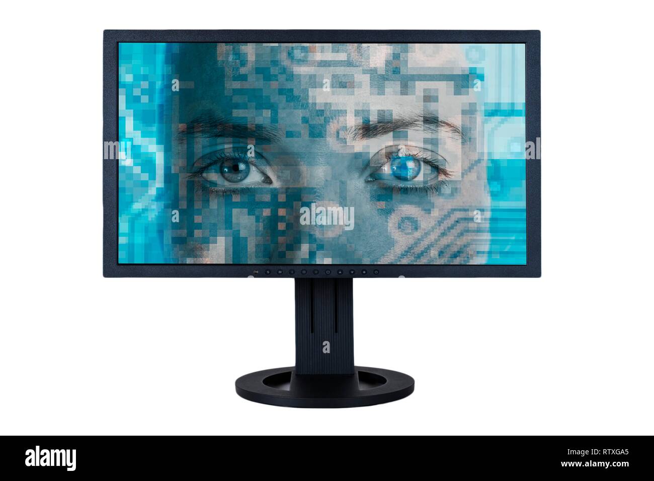 Pixelated eyes and computer screen depicting internet surveillance or ...