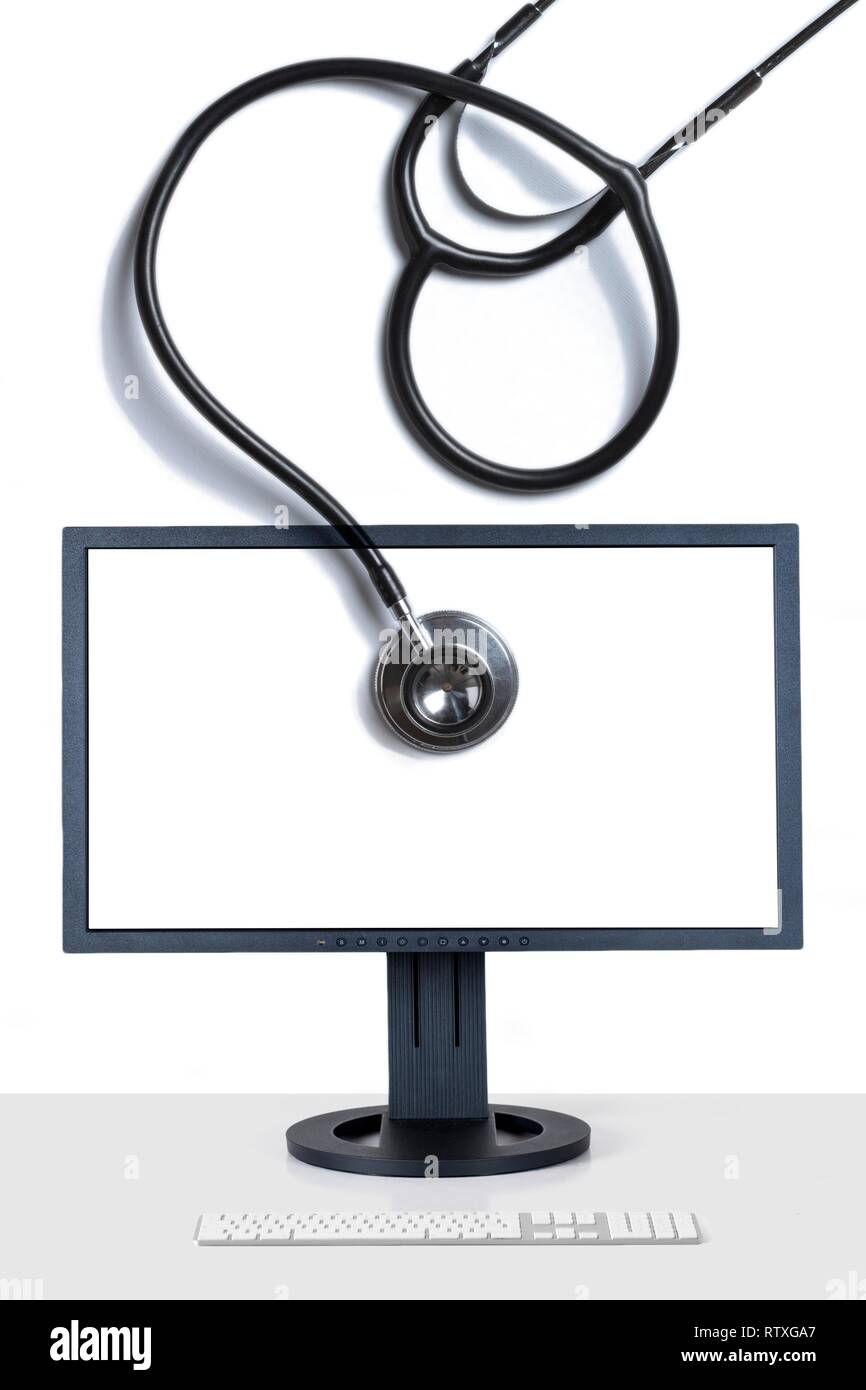 Stethoscope and computer screen depicting computer health and ...