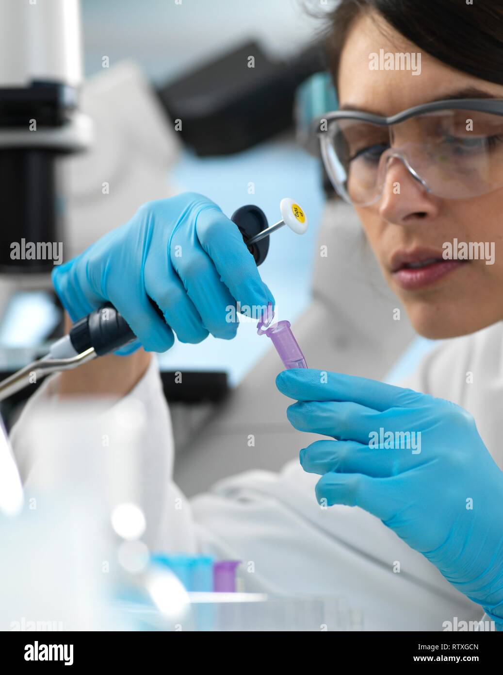 Scientist pipetting sample into a tube for analytical testing in the ...