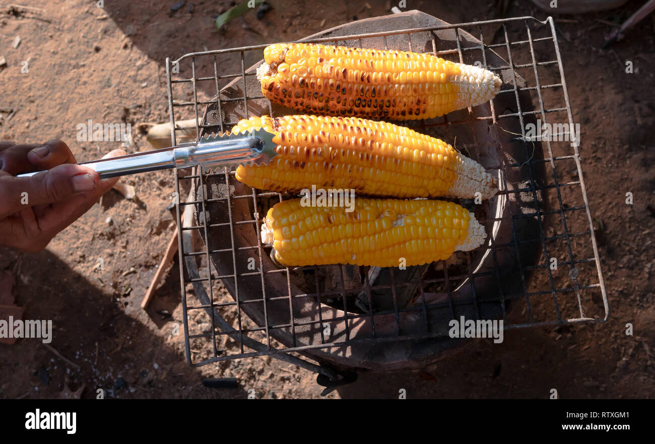 Old hand flipping the corn on the stove charcoal with sunlight on the ...