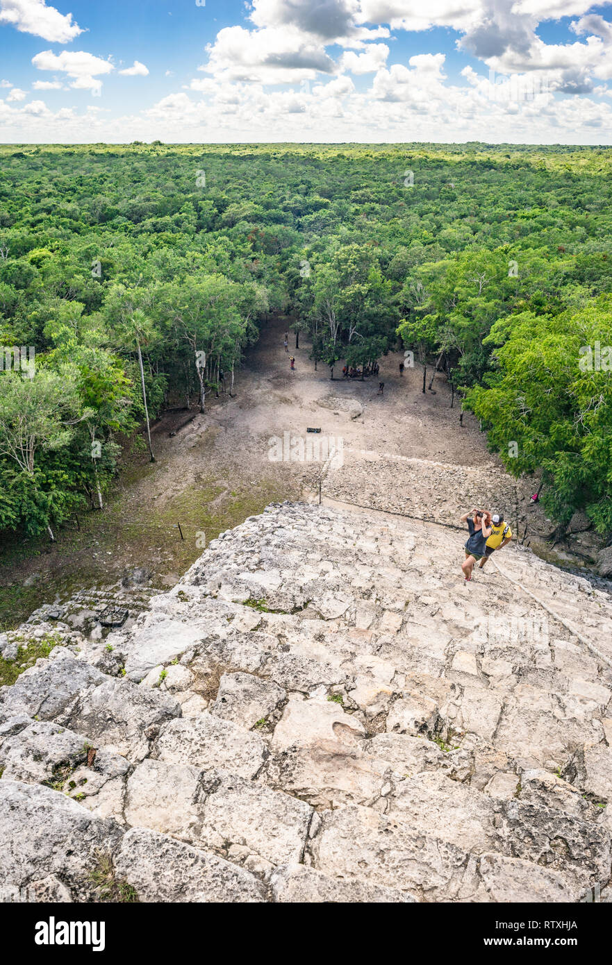 Over the jungle on the Nohoch Mul Pyramid in Coba, Mexico Stock Photo ...