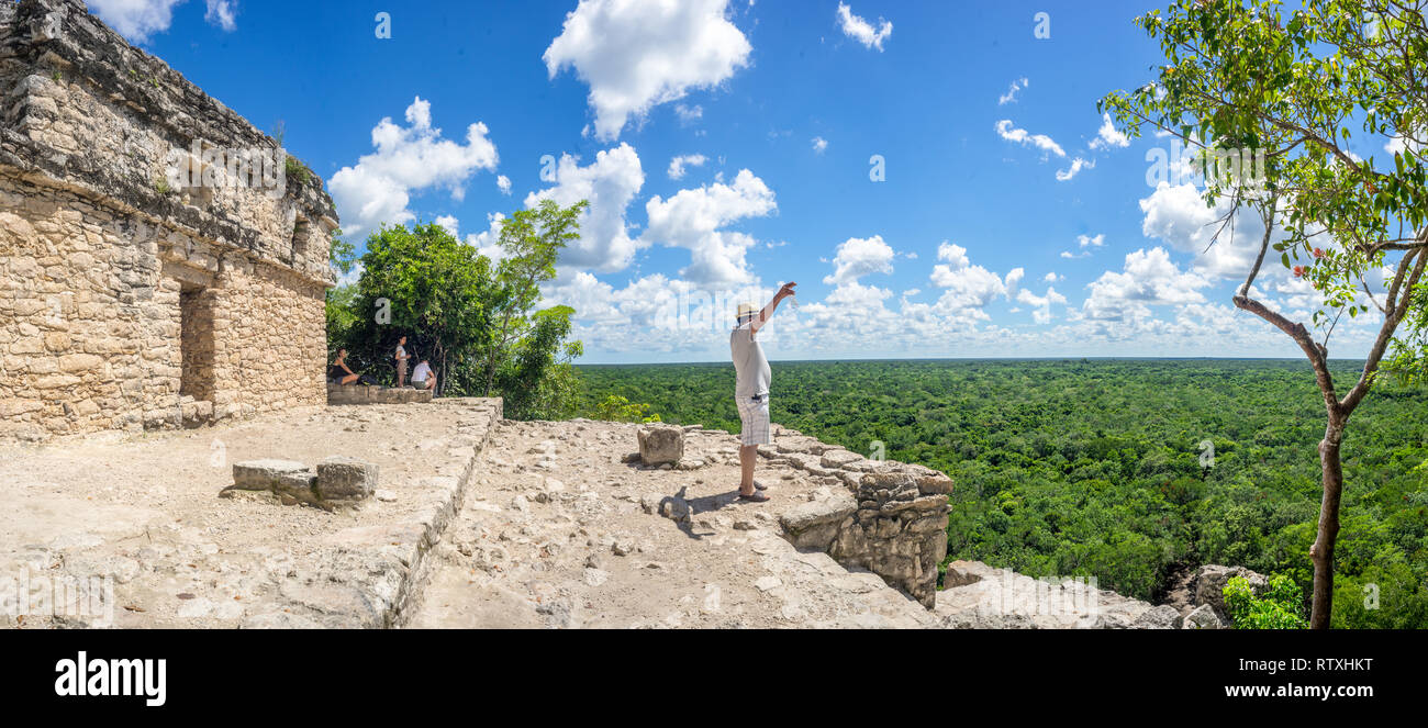 Over the jungle on the Nohoch Mul Pyramid in Coba, Mexico Stock Photo ...