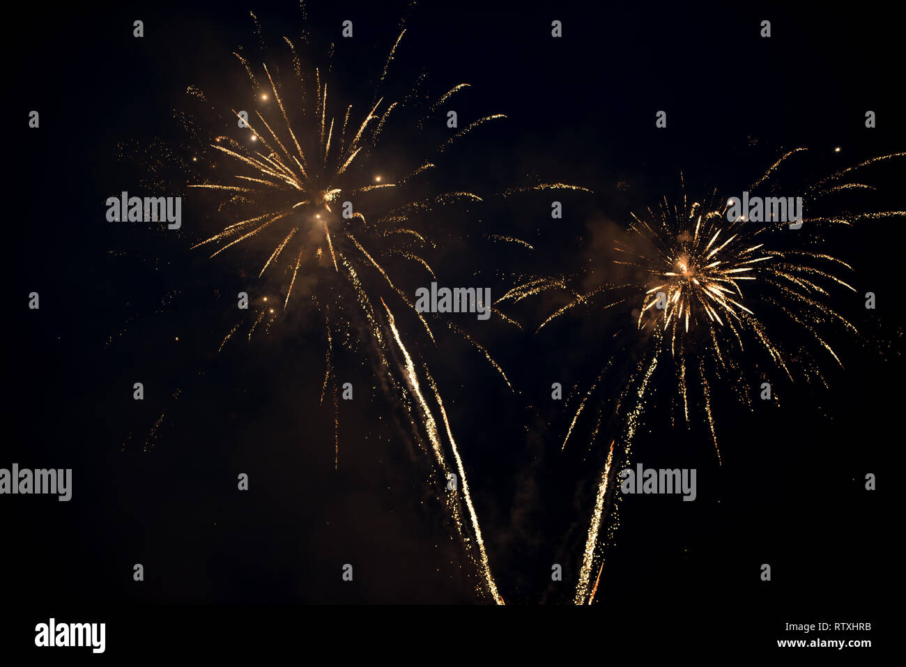 Two bright colorful fireworks explosion in the sky. Beautiful ...
