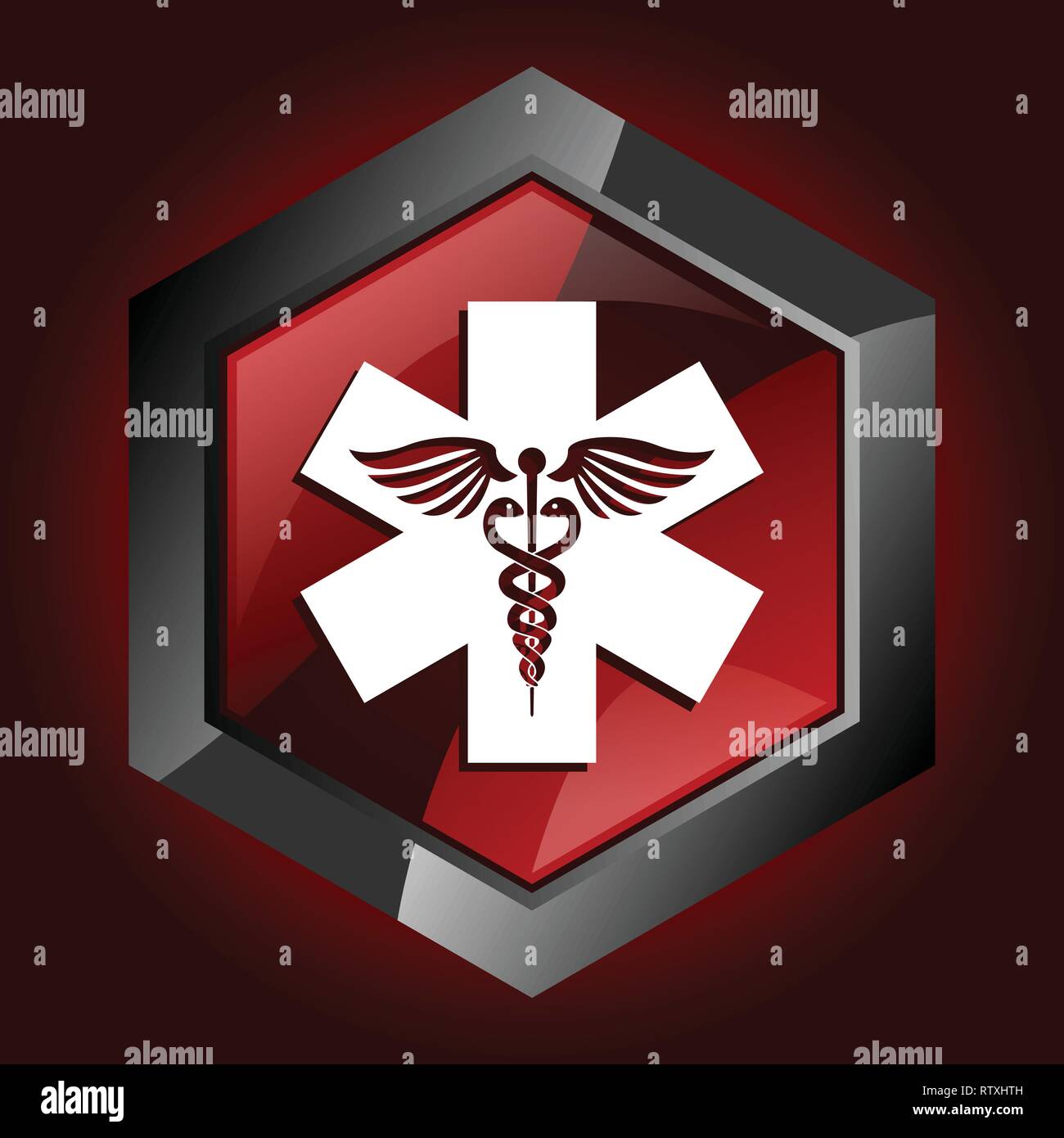 Emergency hexagonal glossy dark red and black web icon, vector ...