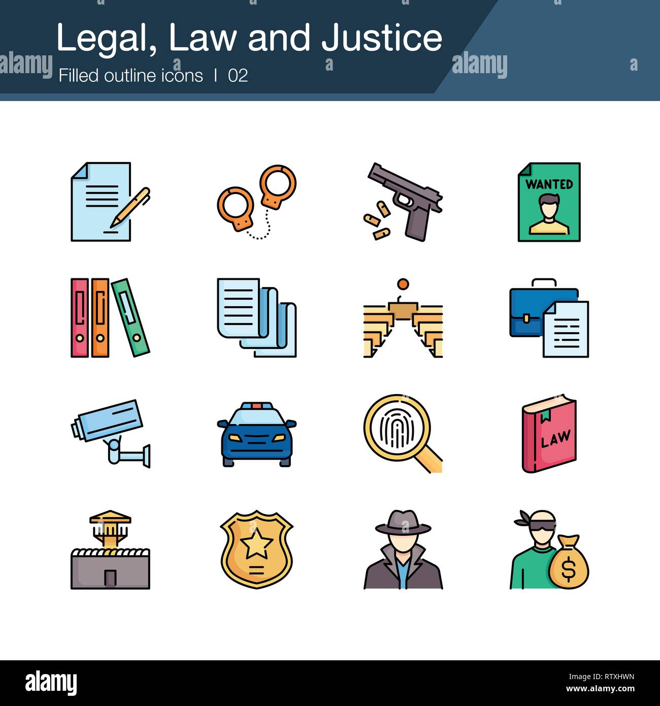 Legal, Law and Justice icons. Filled outline design. For presentation ...