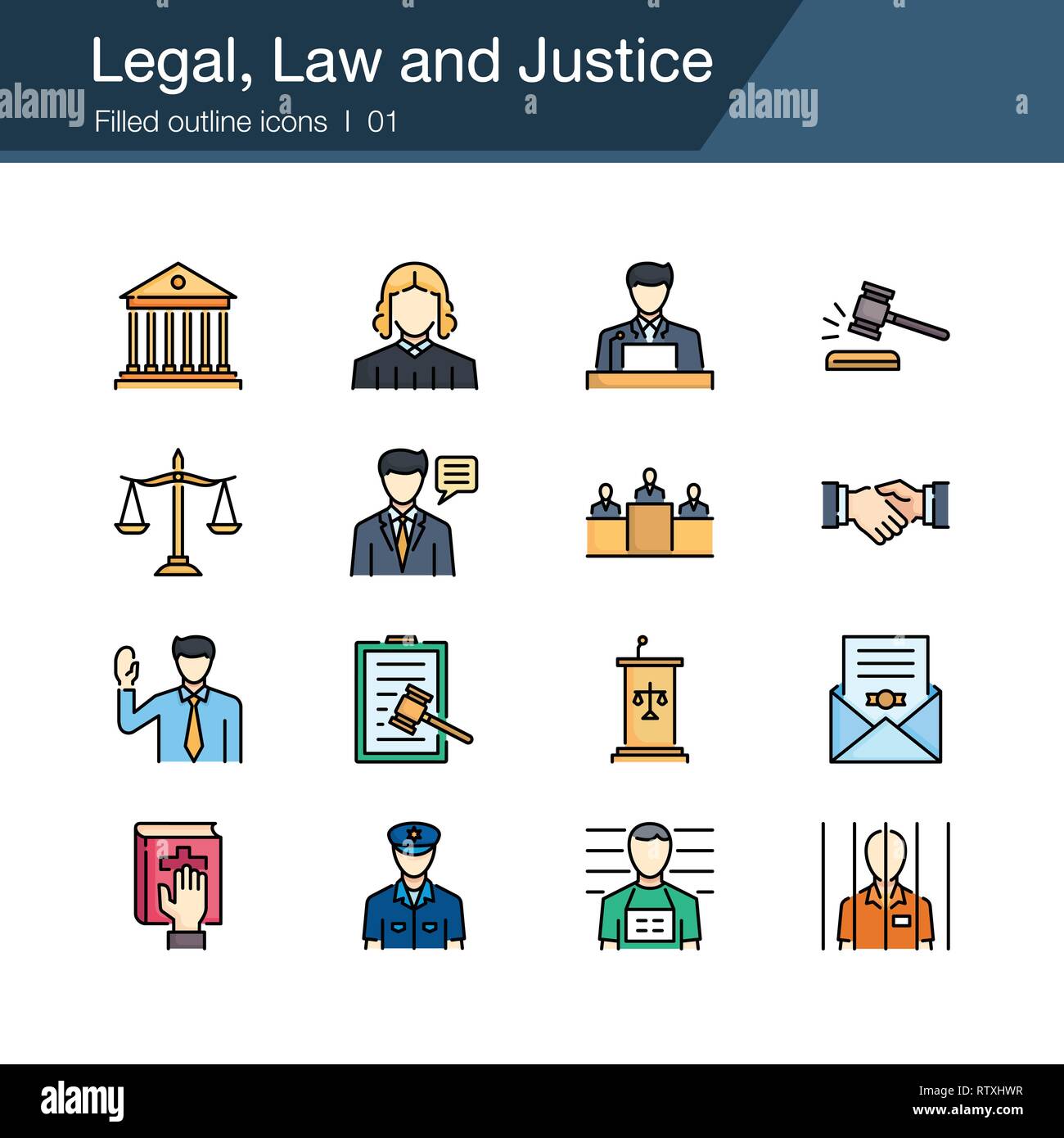 Legal, Law and Justice icons. Filled outline design. For presentation ...