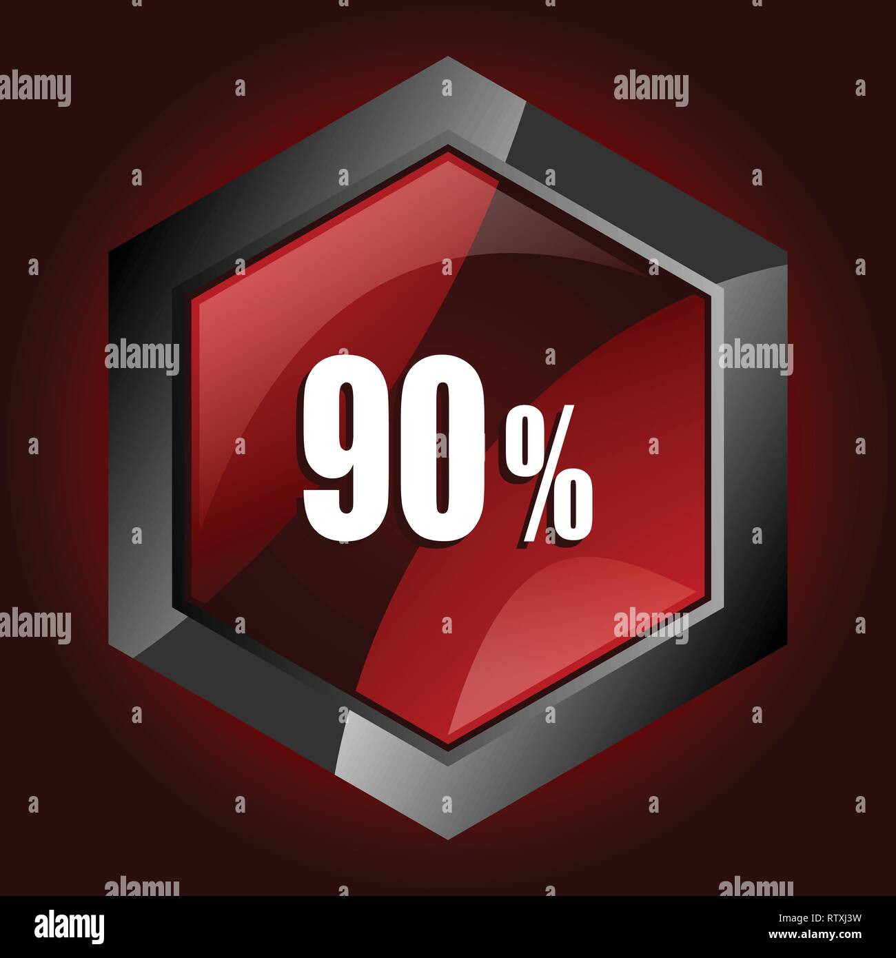 90 percent hexagonal glossy dark red and black web icon, vector ...