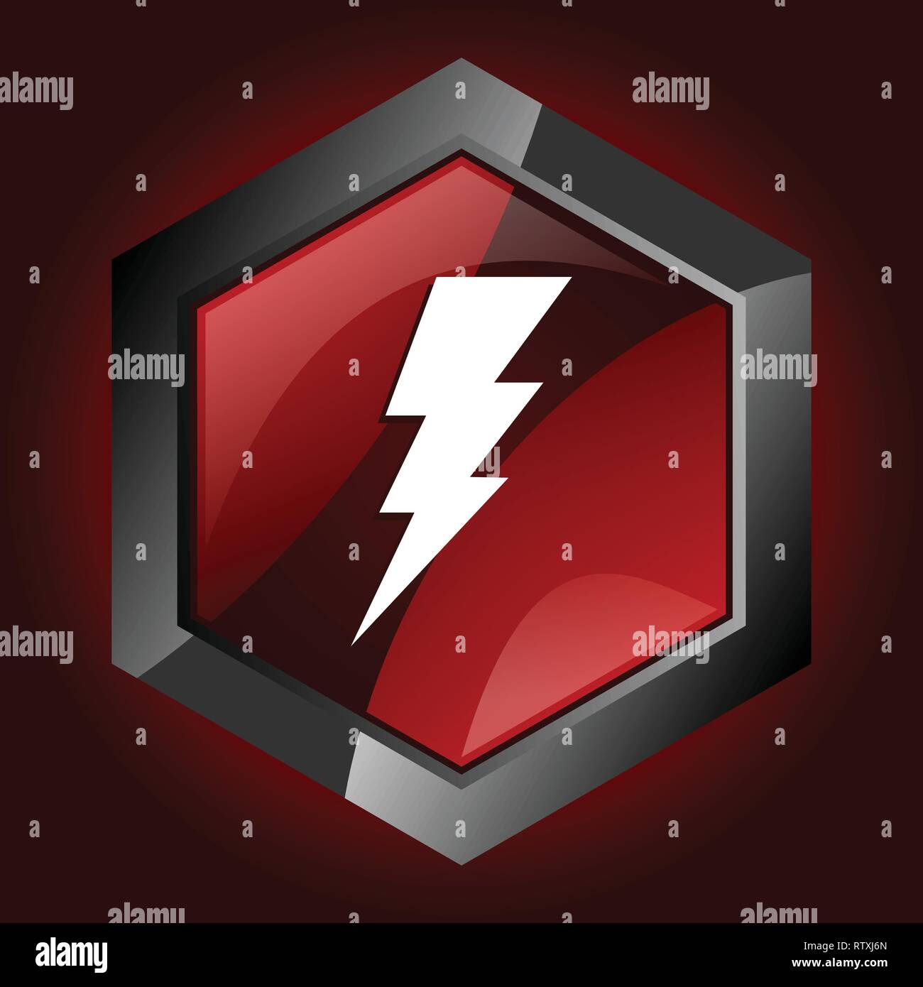 Bolt hexagonal glossy dark red and black web icon, vector illustration ...