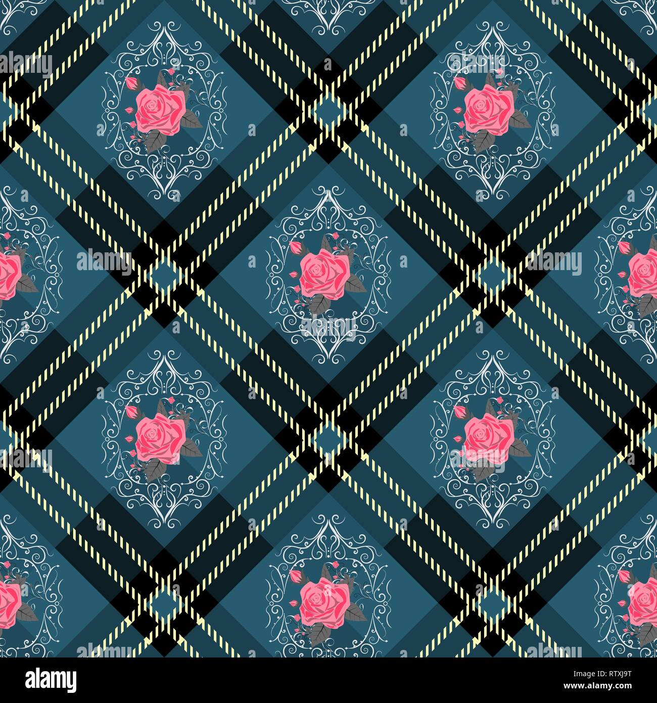 Blue tartan plaid and flowers pattern on checkered background for ...
