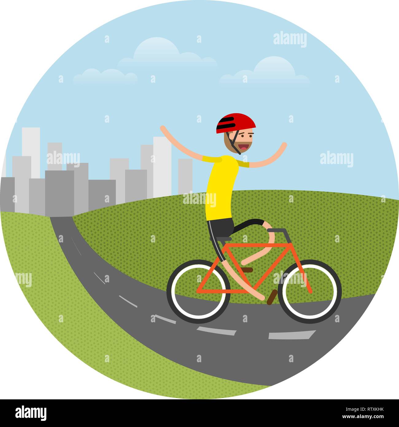 vector illustration of happy biker riding bicycle in the nature ...