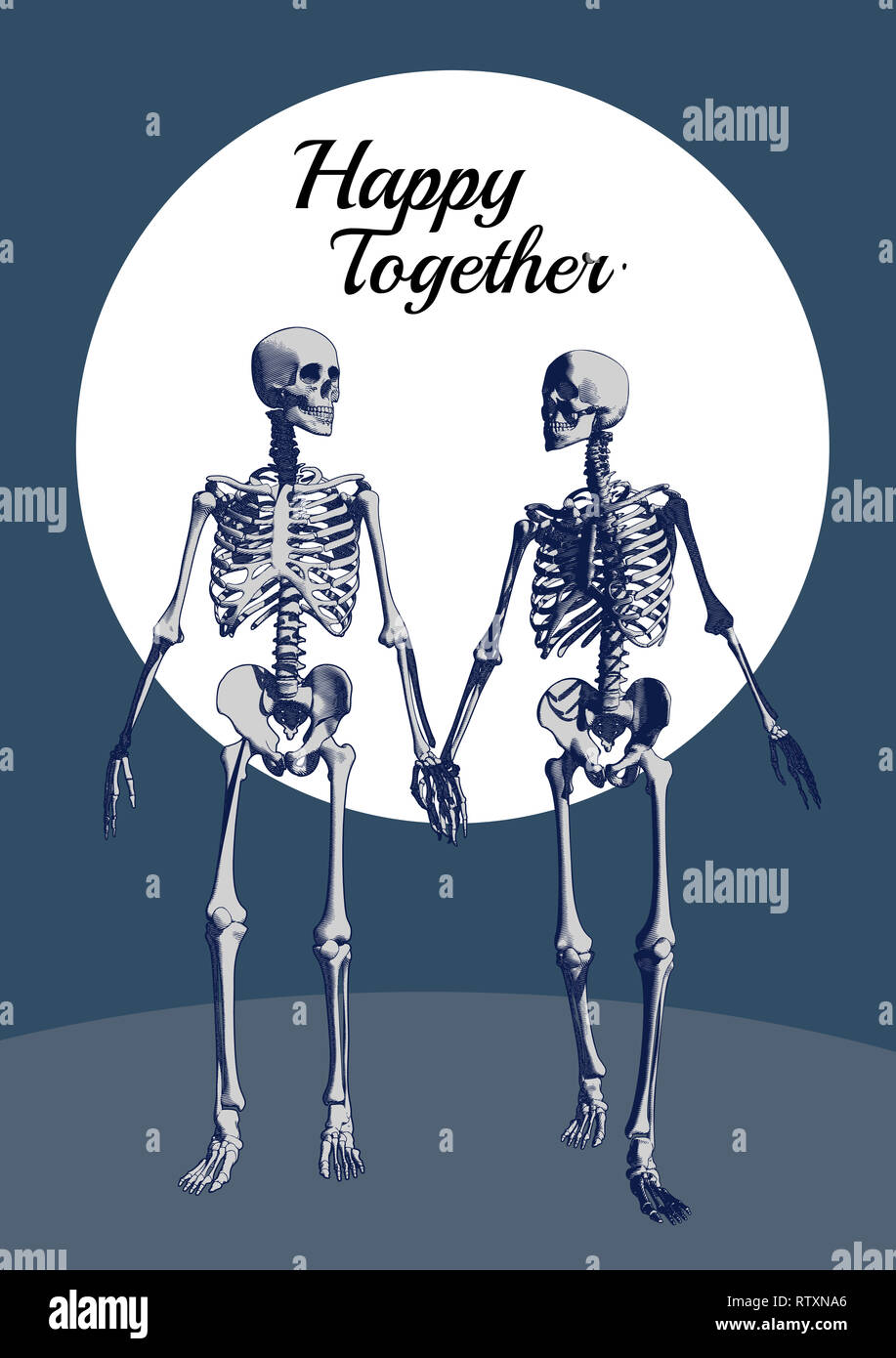 A couple of engraving skeleton in holding hand action illustration on ...