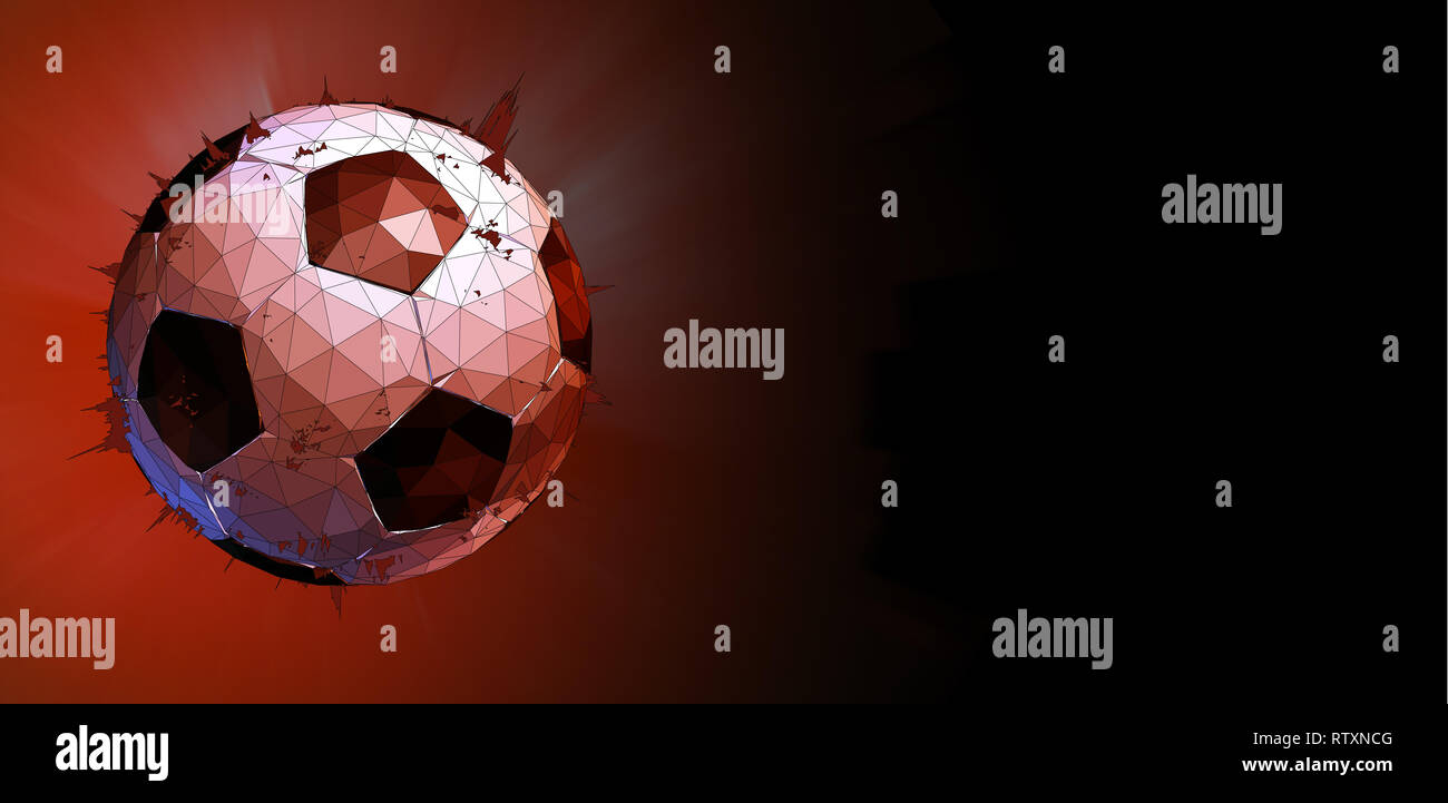 Polygonal football or soccer ball with star burst on red space ...