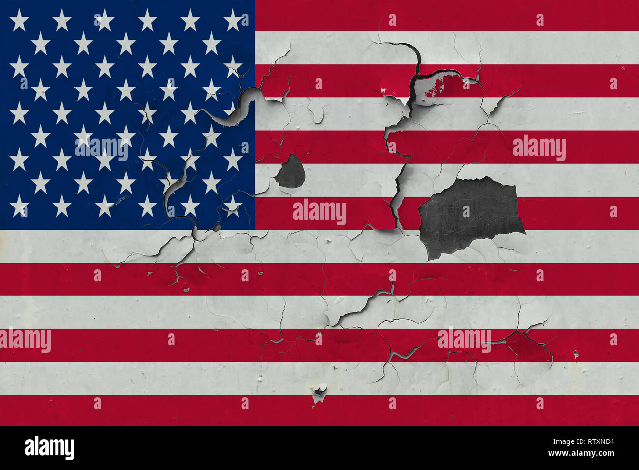 Close up grungy, damaged and weathered United States flag on wall ...