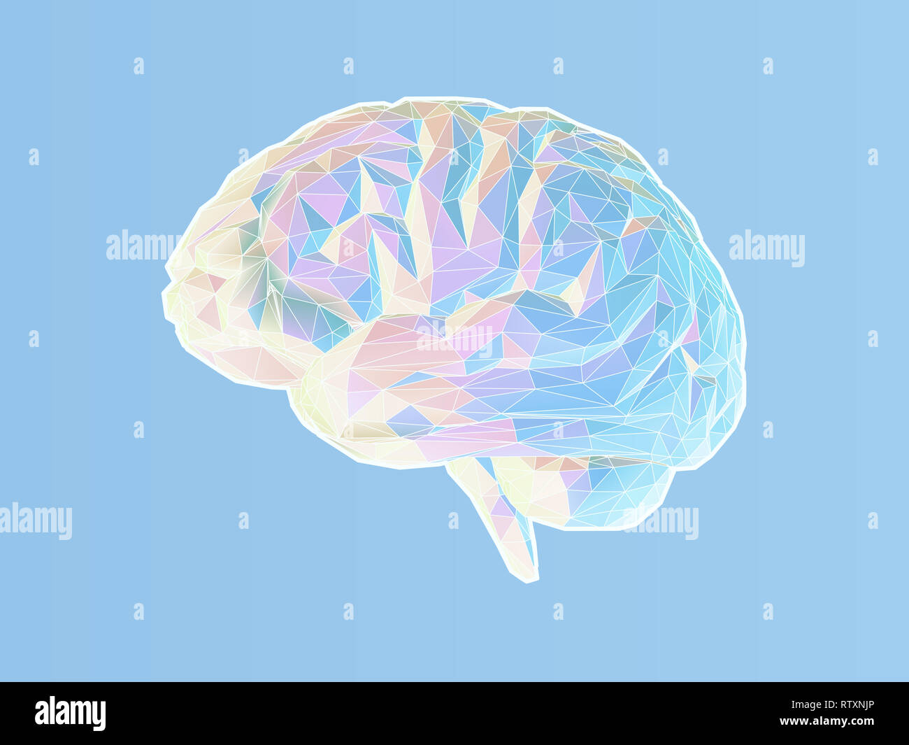 Colorful pastel low poly brain illustration with wireframe on blue ...