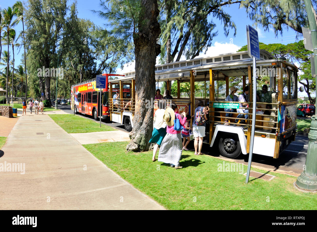 Tourist trolley bus in Waikiki, Oahu, Hawaii, USA Stock Photo - Alamy