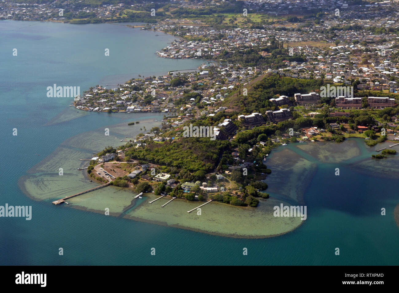 Aerial view of Lilipuna road and pier, Kaneohe Bay, Oahu, Hawaii, USA ...