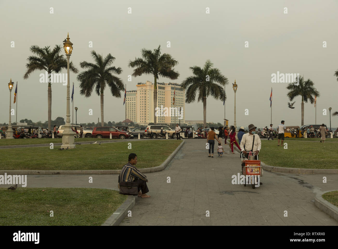 Palms at the riverside promenade in Phnom Penh, Cambodia Stock Photo ...
