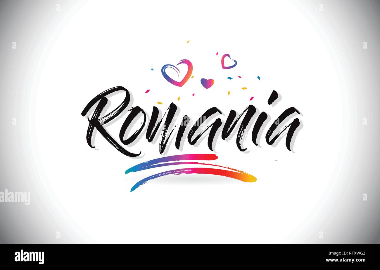 Romania Welcome To Word Text with Love Hearts and Creative Handwritten ...