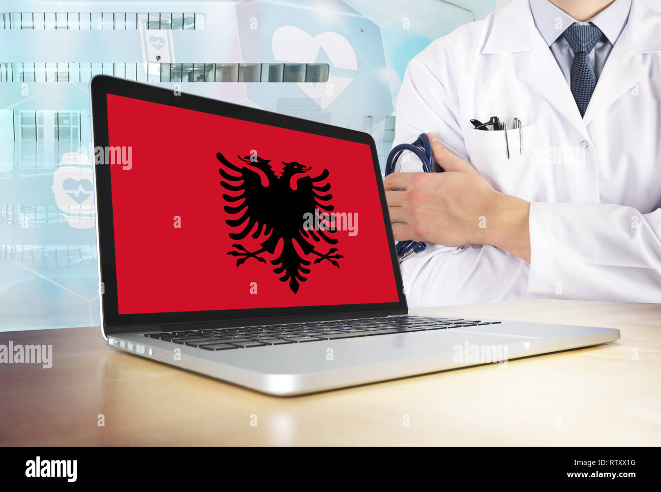 Albania healthcare system in tech theme. Albanian flag on computer ...