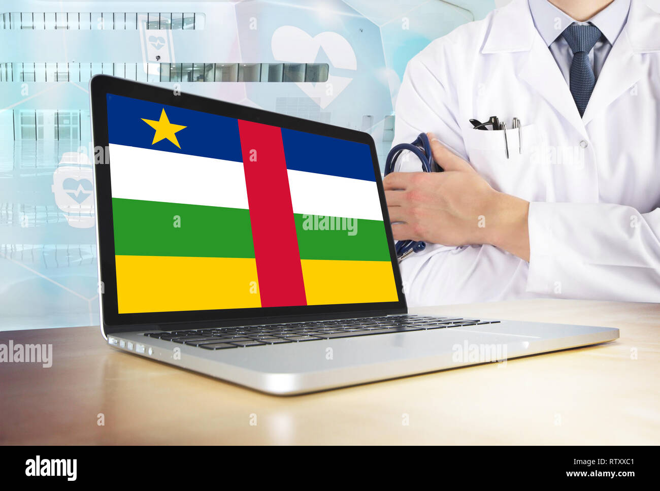 Central African Republic healthcare system in tech theme. Flag on ...