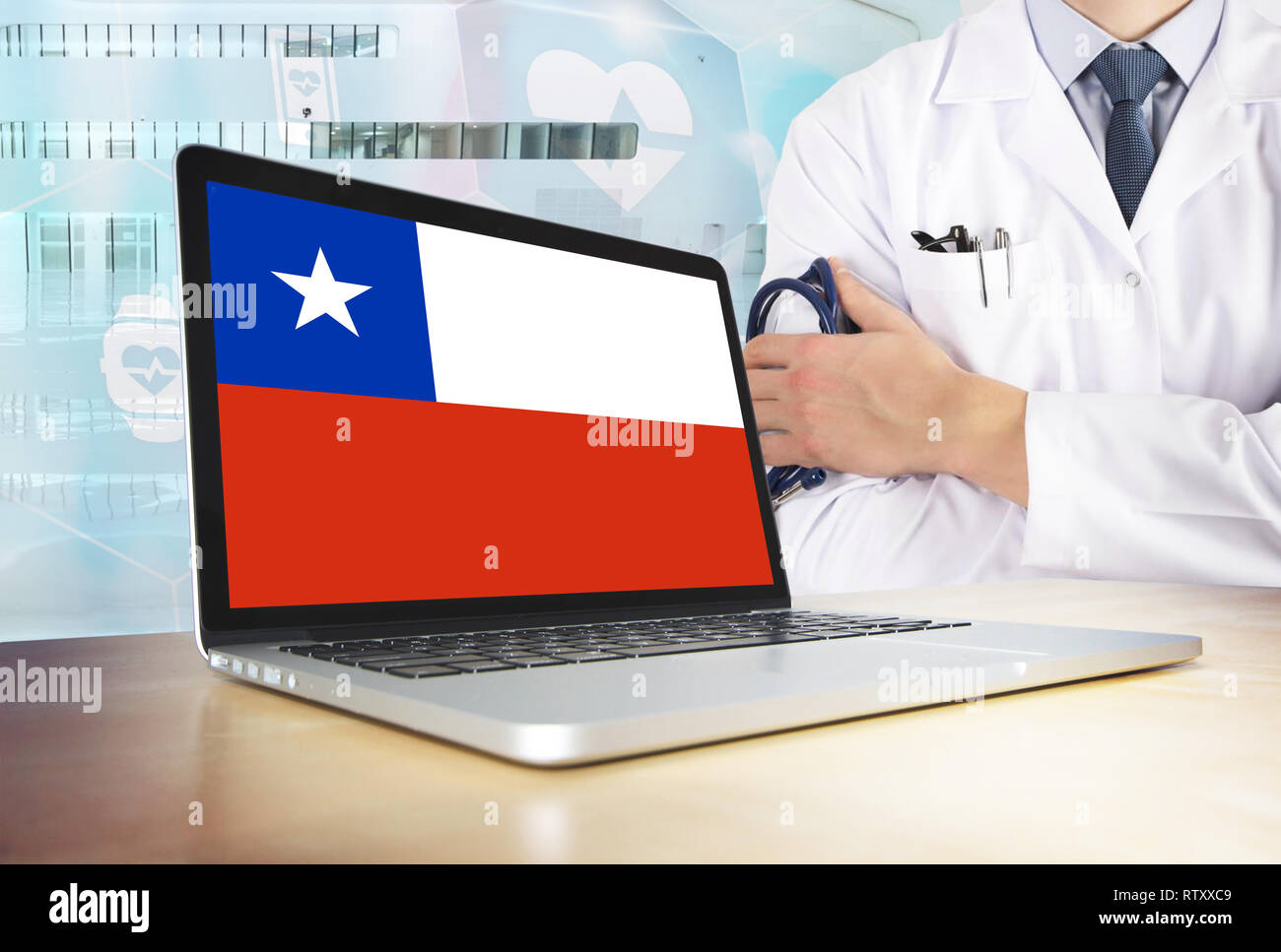 Chile healthcare system in tech theme. Chilean flag on computer screen ...