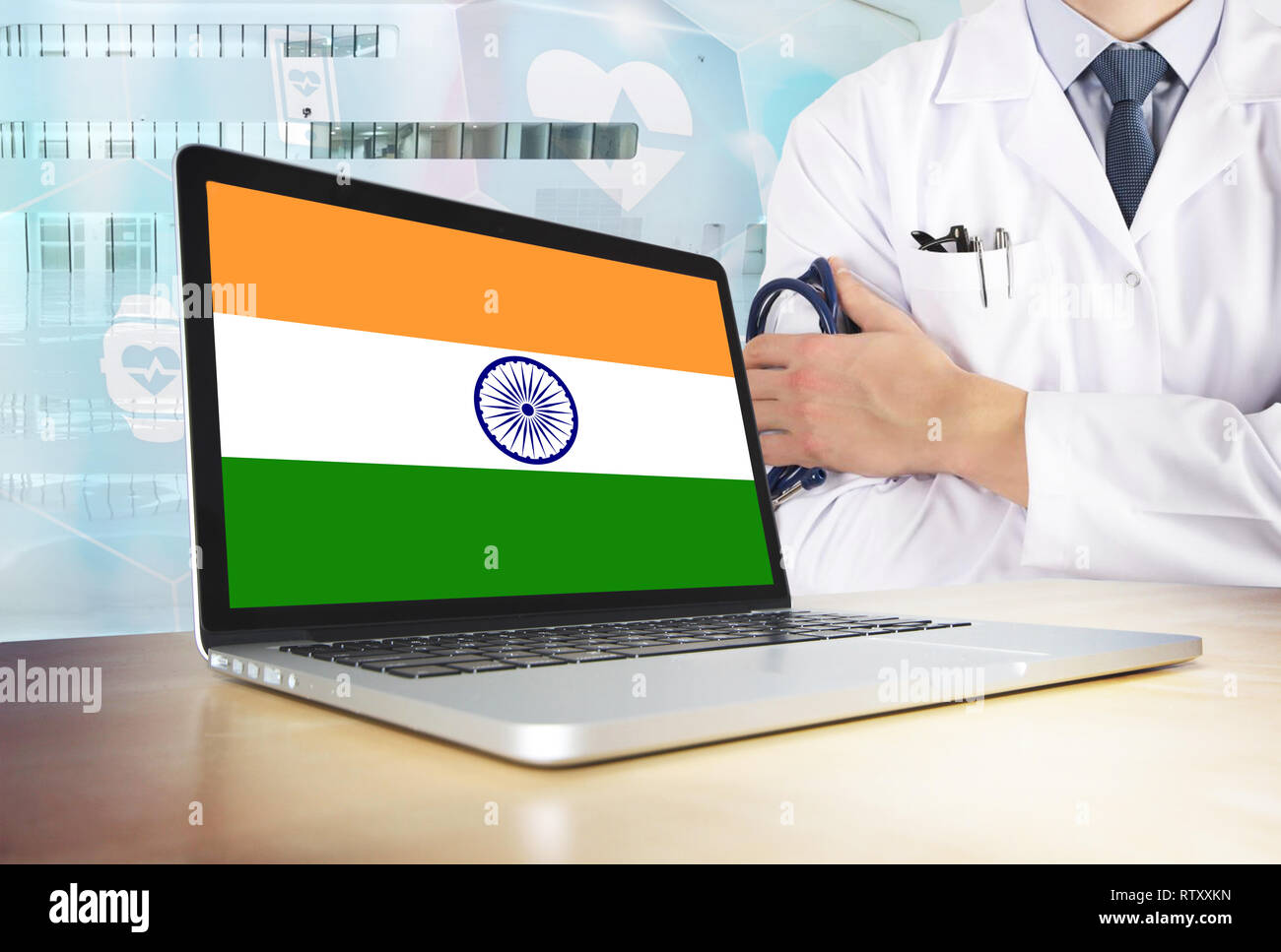 India healthcare system in tech theme. Indian flag on computer screen ...