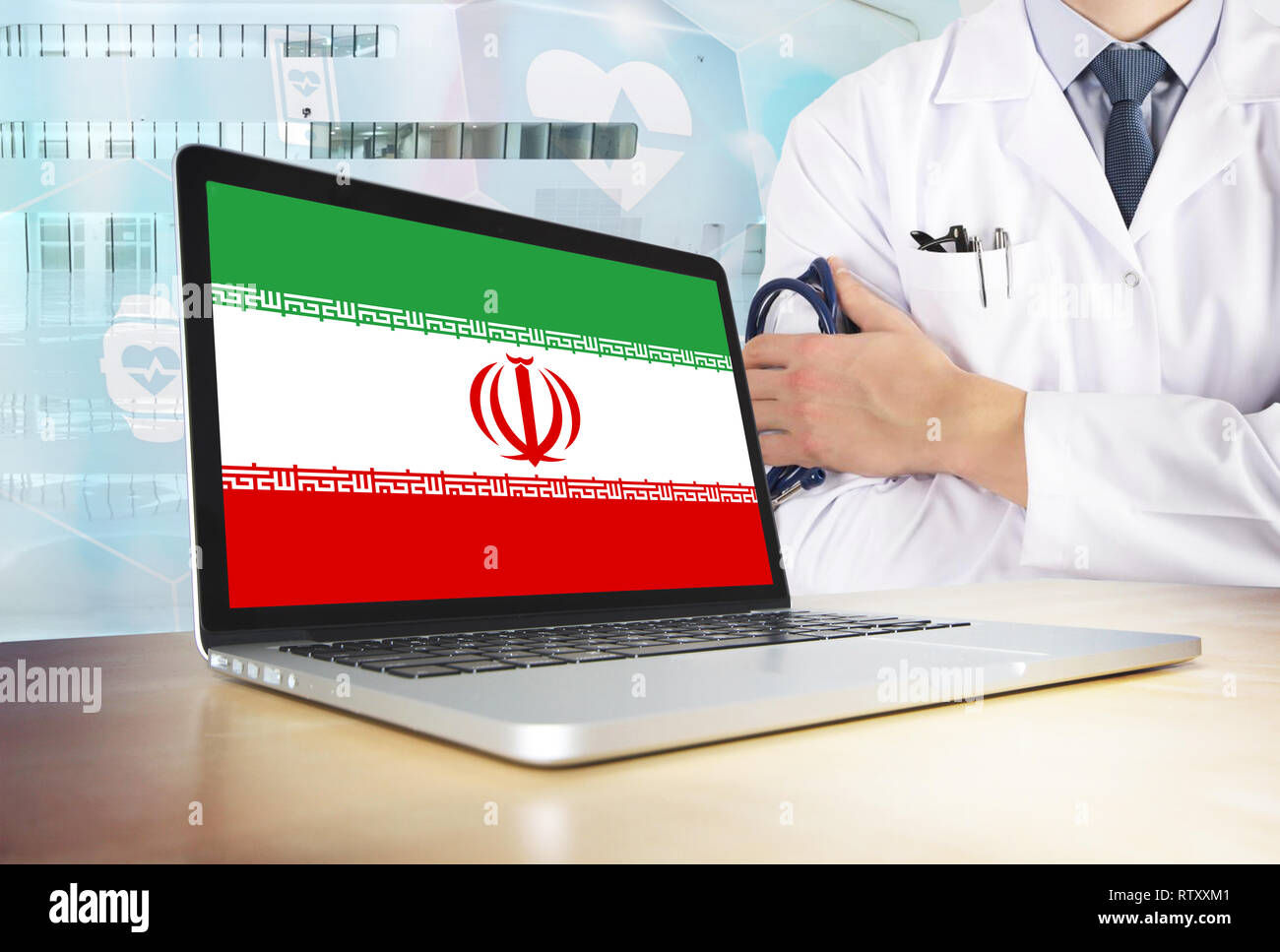Iran healthcare system in tech theme. Iranian flag on computer screen ...