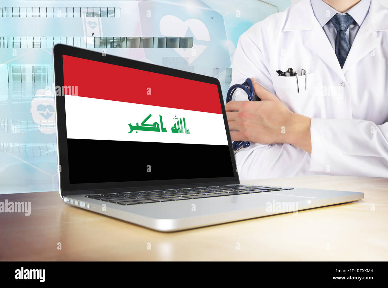 Iraq healthcare system in tech theme. Iraqi flag on computer screen ...