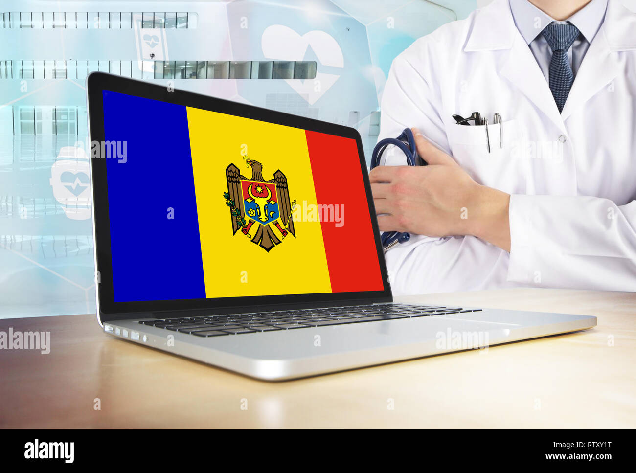 Moldova healthcare system in tech theme. Moldovan flag on computer ...
