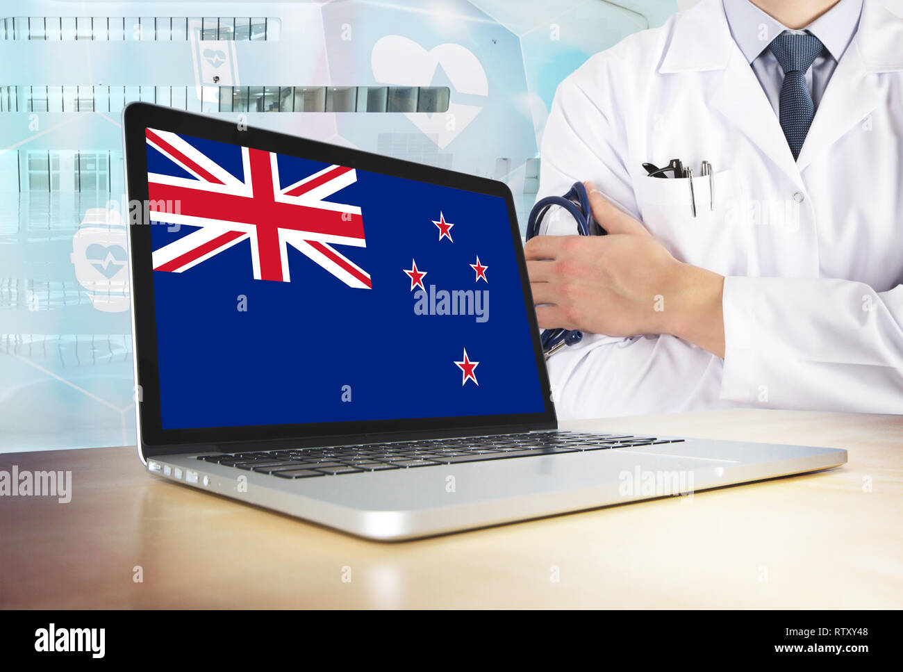 New Zealand healthcare system in tech theme. Kiwi flag on computer ...