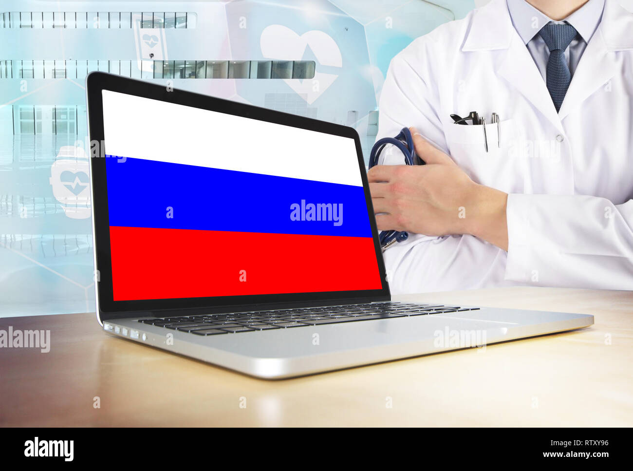 Russia healthcare system in tech theme. Russian flag on computer screen ...