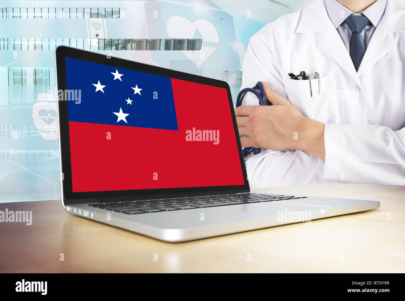 Samoa healthcare system in tech theme. Samoan flag on computer screen ...