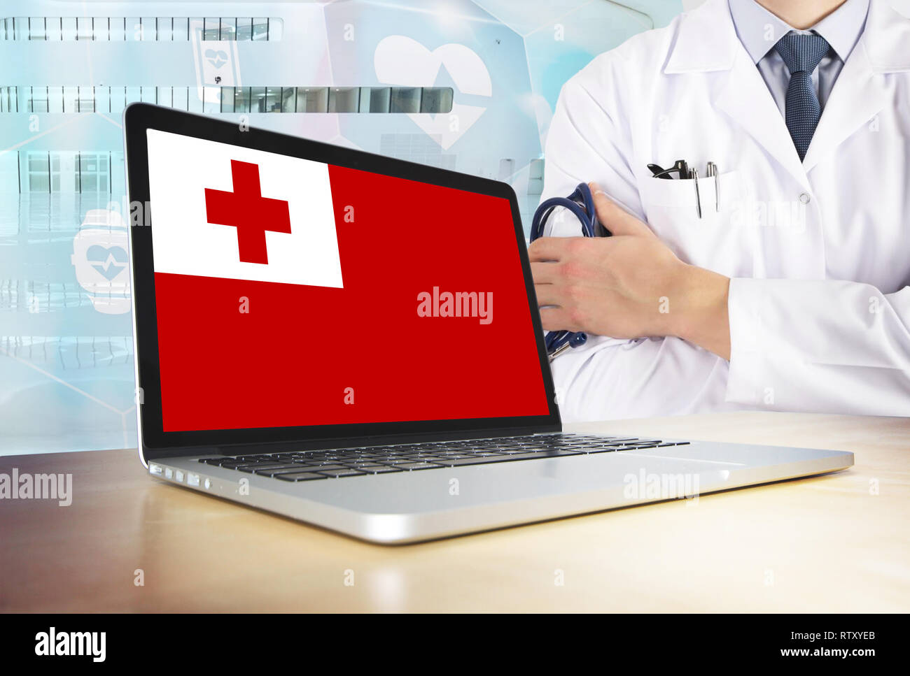 Tonga healthcare system in tech theme. Tongan flag on computer screen ...