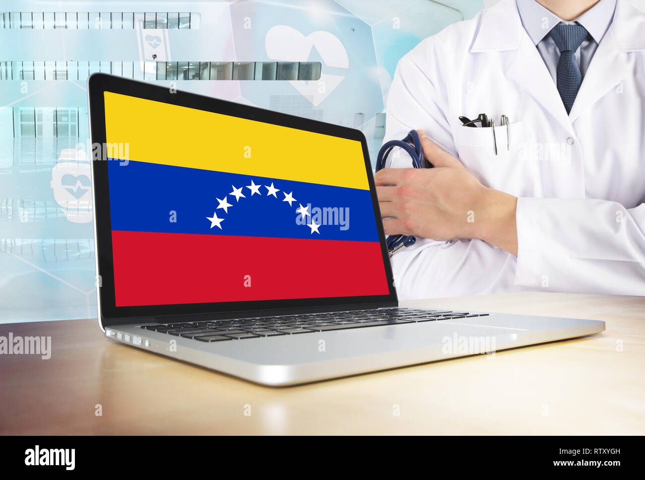 Venezuela healthcare system in tech theme. Venezuelan flag on computer ...