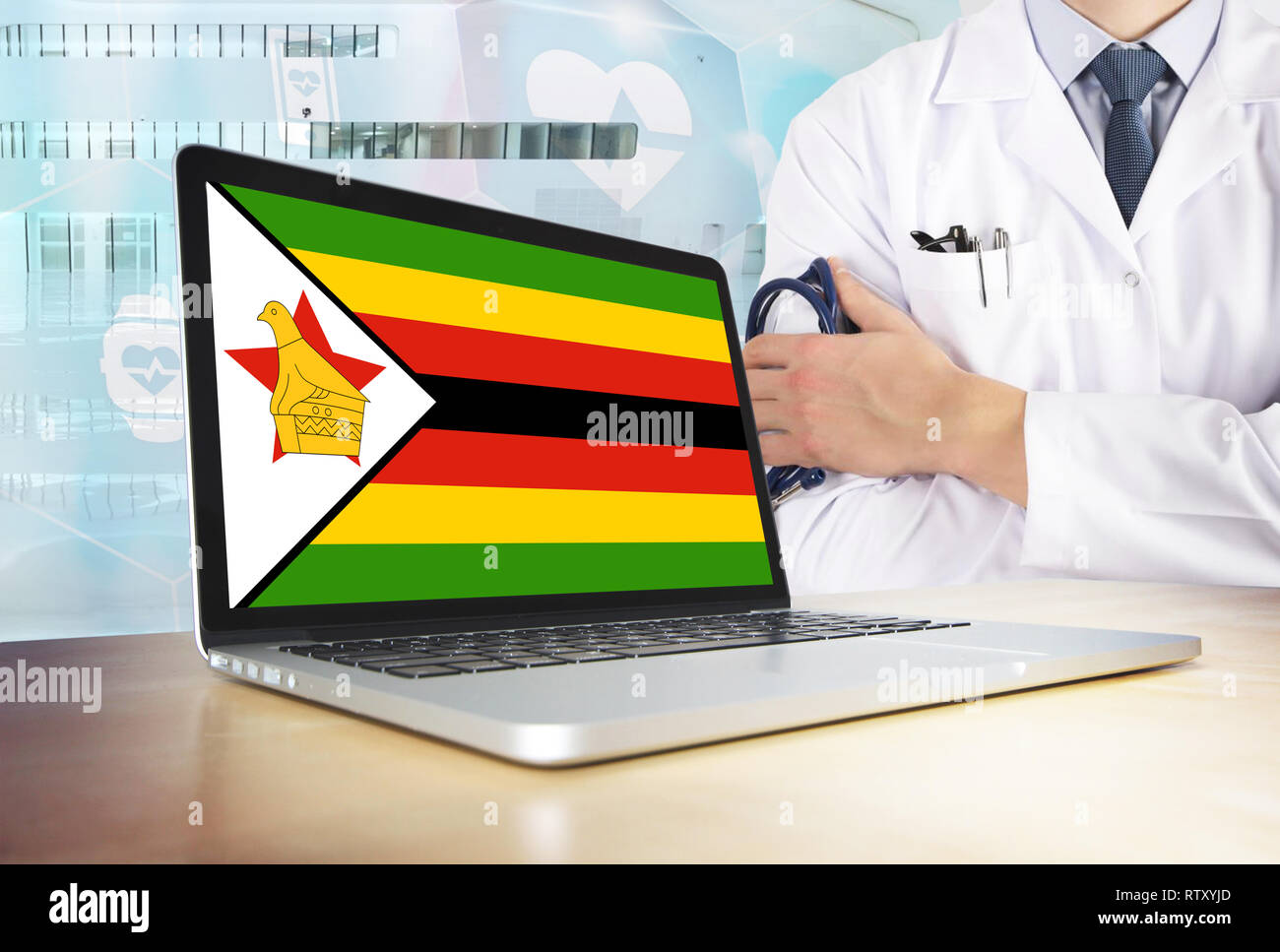 Zimbabwe healthcare system in tech theme. Zimbabwean flag on computer ...