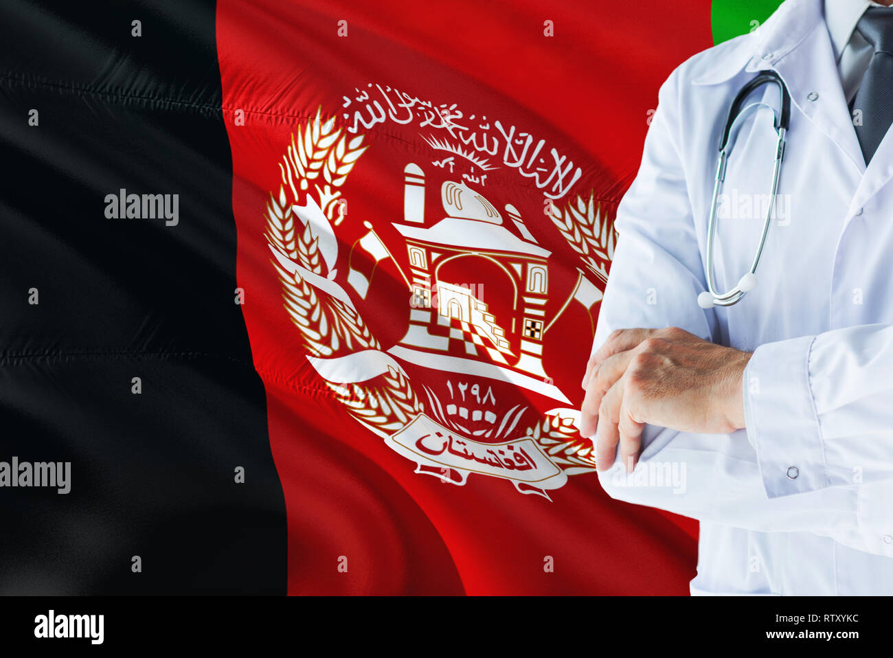 Afghan Doctor standing with stethoscope on Afghanistan flag background ...