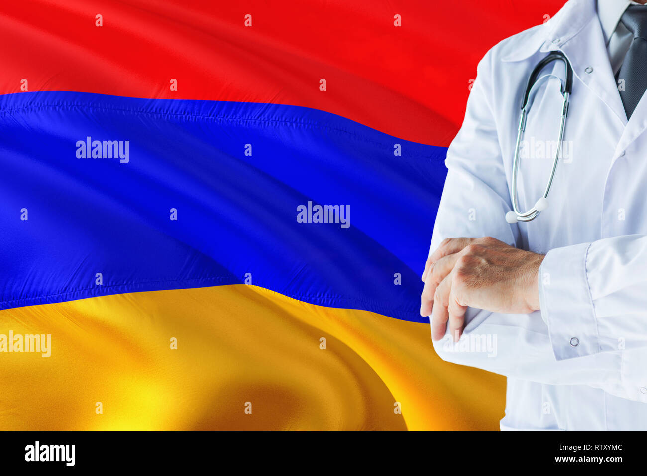 Armenian Doctor standing with stethoscope on Armenia flag background ...