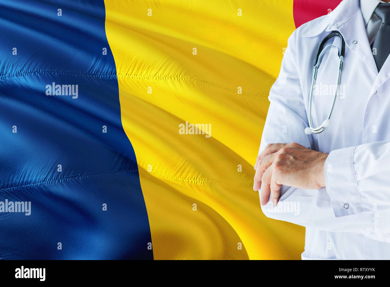 Chadian Doctor standing with stethoscope on Chad flag background ...